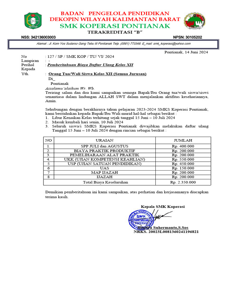 Surat Pemberitahuan Daftar Ulang Kelas Xii | PDF