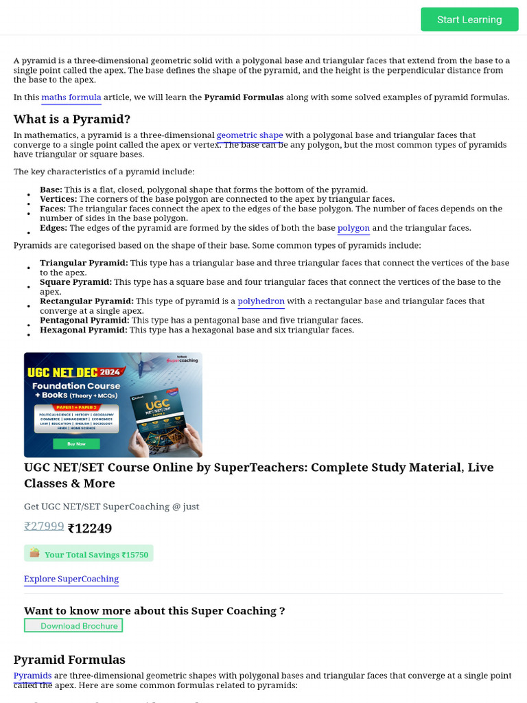 Pyramid Formula - Surface Area, Volume & Slant Height of A Pyramid | PDF