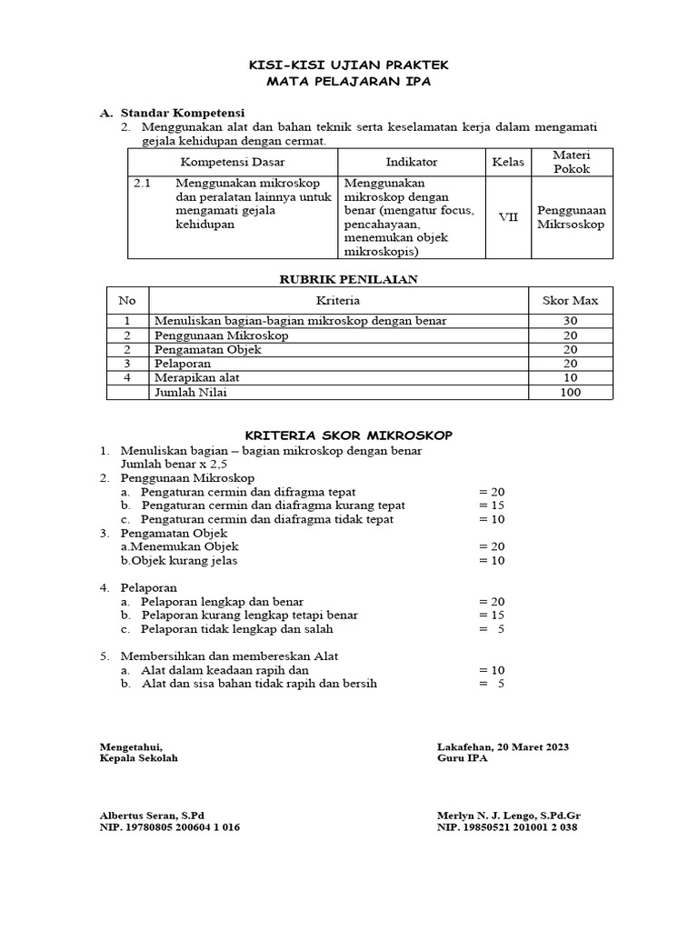 Kisi - Kisi Ujian Praktik Ipa 2024 | PDF
