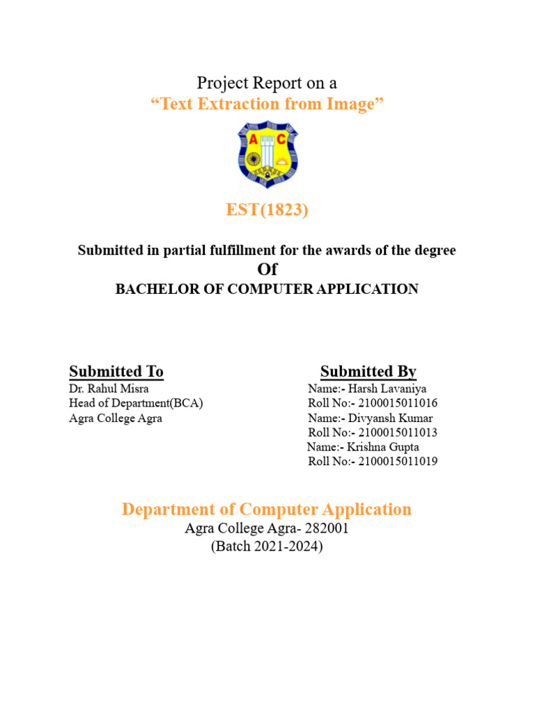 "Text Extraction From Image": Project Report On A | PDF | Technology ...