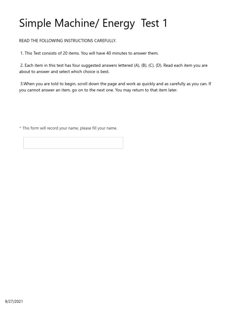 Simple Machine - Energy Test 1 (Preview) Microsoft Forms | PDF | Lever ...