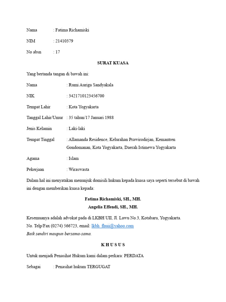 Contoh Surat Kuasa, Eksepsi Dan Daftar Bukti Untuk Peradilan Perdata | PDF