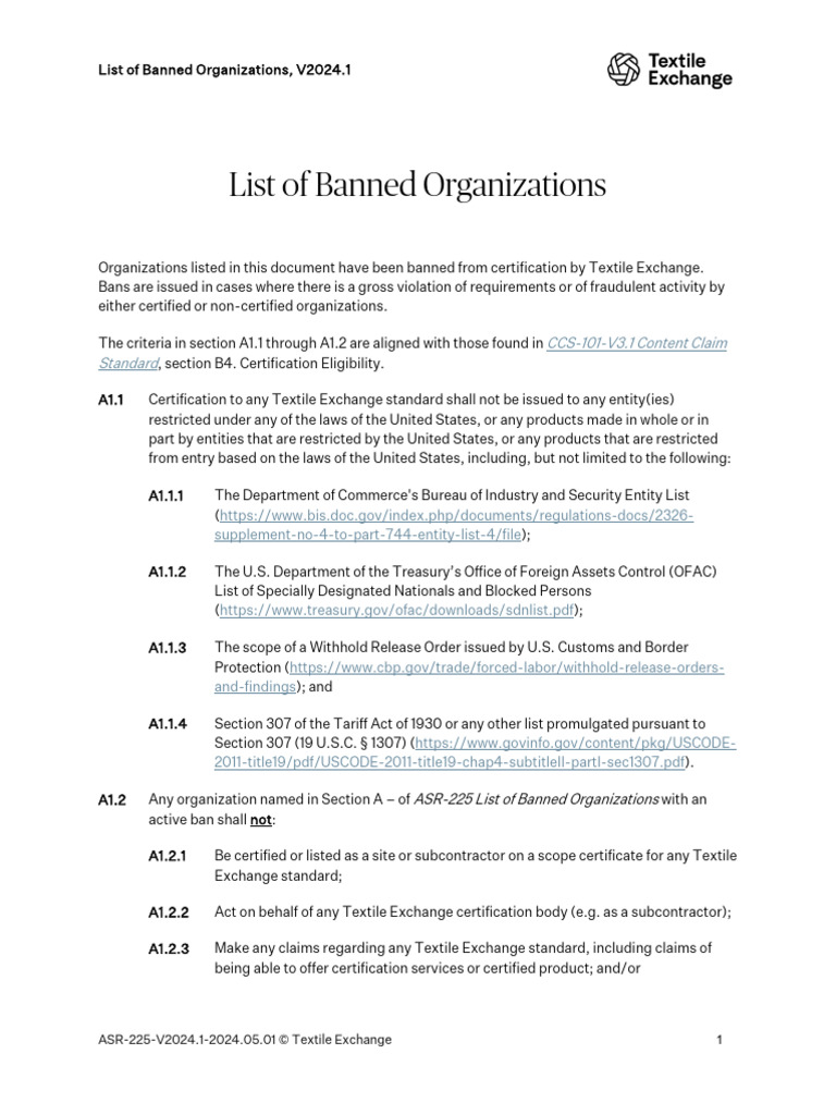 ASR-225-V2024.1-List-of-Banned-Organizations | PDF | Certification | Textiles
