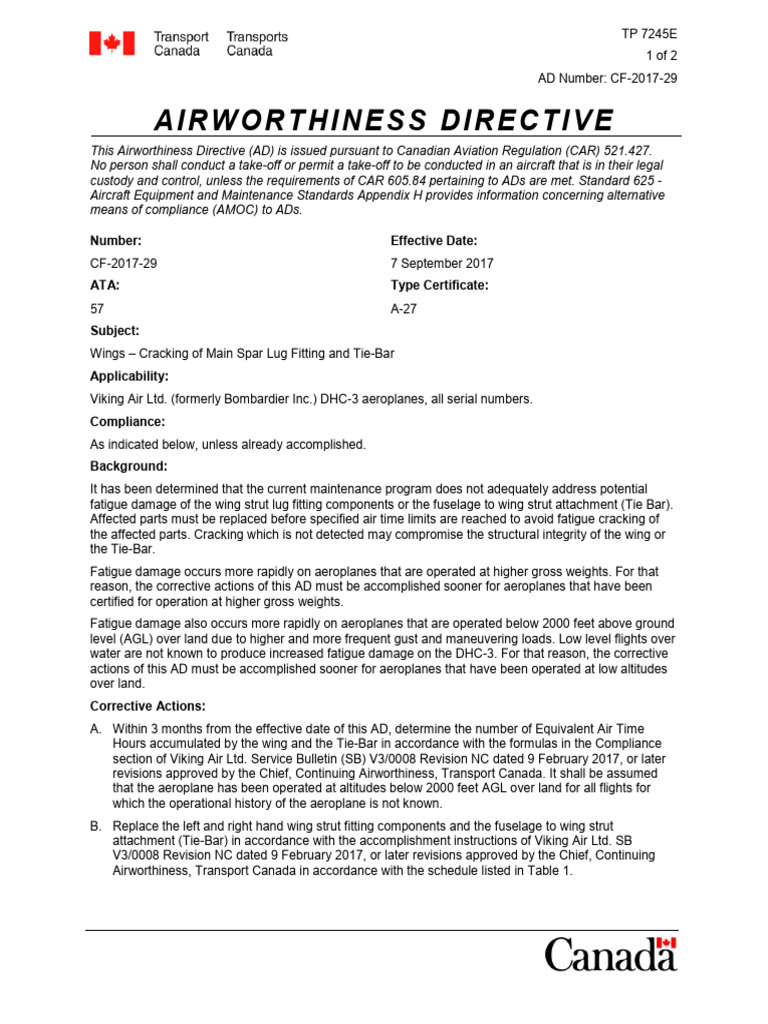 AD CF-2017-29 (Wings - Cracking of Main Spar Lug Fitting & Tie-Bar ...