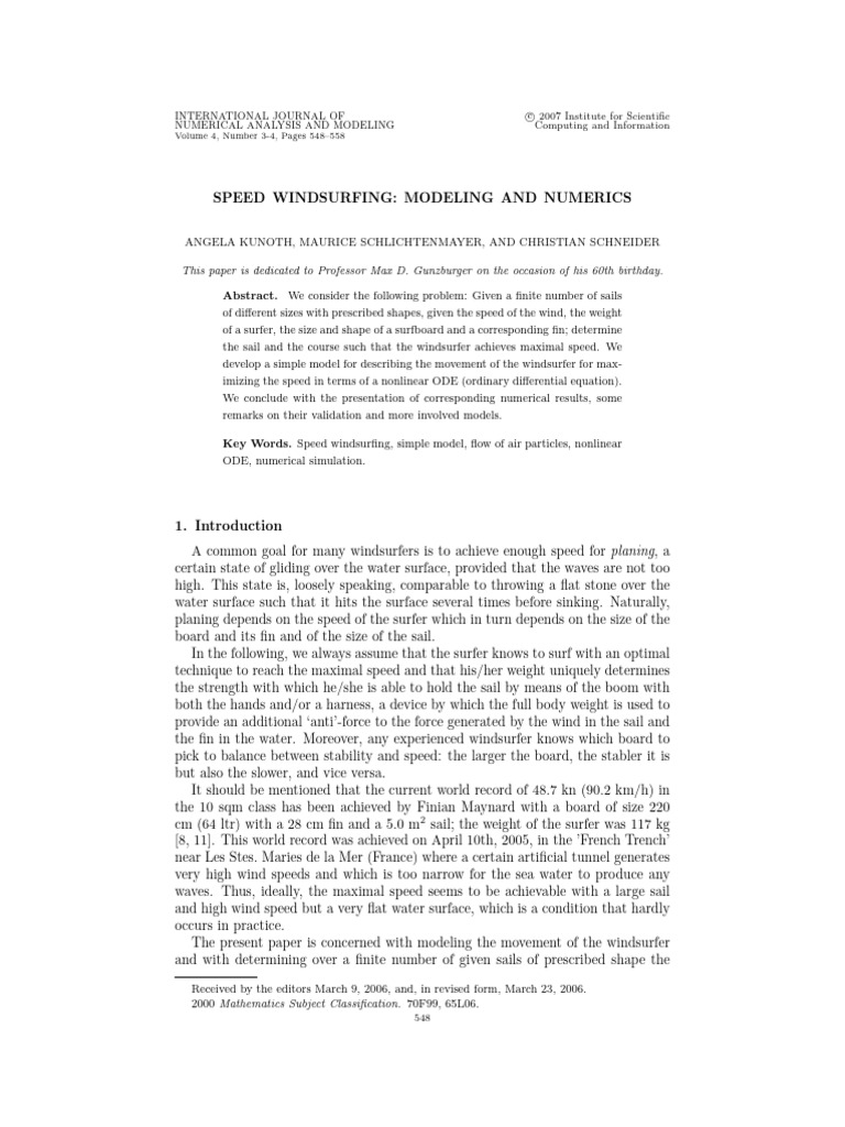 Speed Windsurfing Modeling and Numerics | PDF | Numerical Analysis | Force