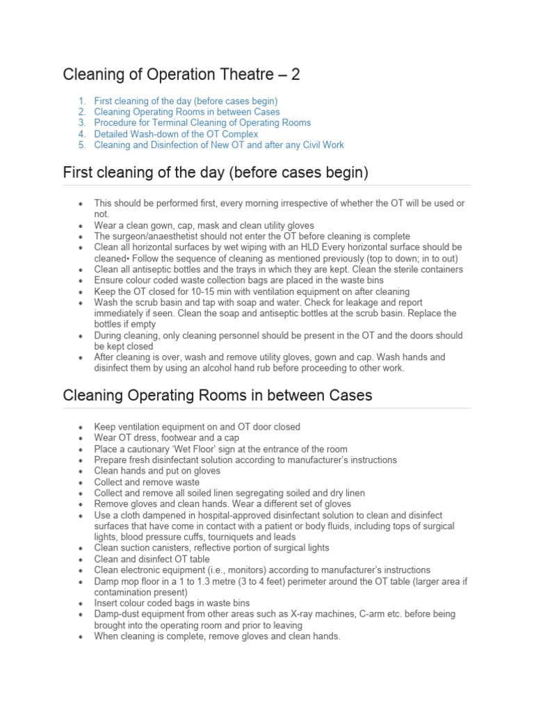 Operation Theatre Cleaning Protocols | PDF | Operating Theater ...