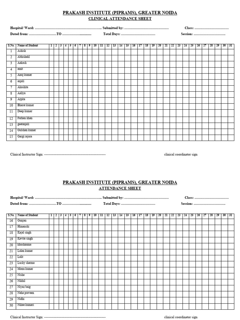 Clinical Attendance Sheet - New (3) | PDF