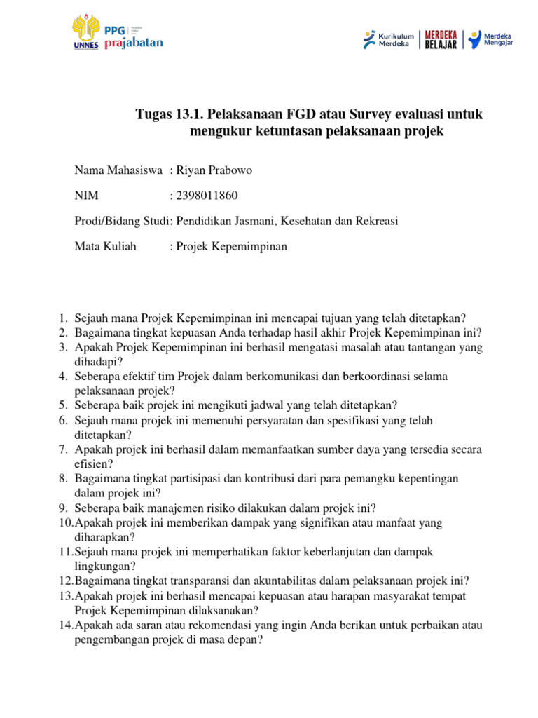 Tugas 13.1. PeSDSDSDSDSDlaksanaan FGD Atau Survey Evaluasi Untuk ...