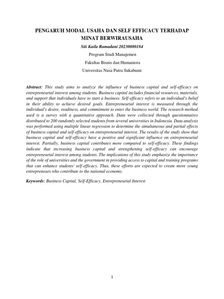 Siti Kaila. Pengaruh Modal Usaha Dan Self Efficacy Terhadap Minat Berwirausaha | PDF