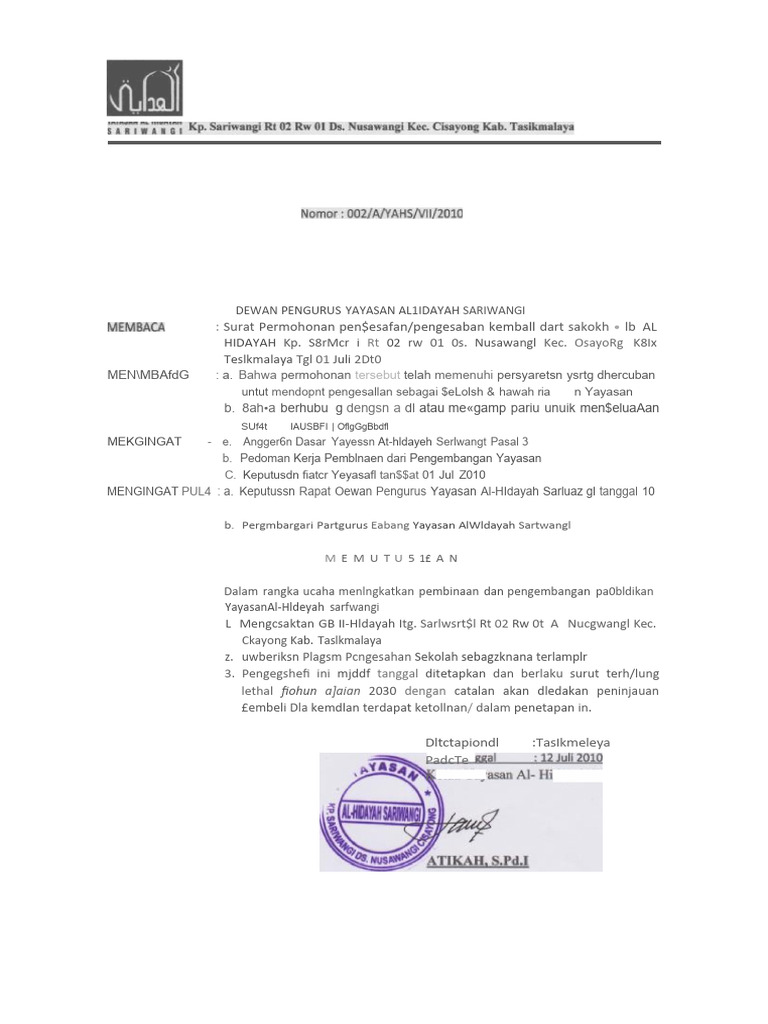 Contoh SK Sekolah Naungan Yayasan KB | PDF