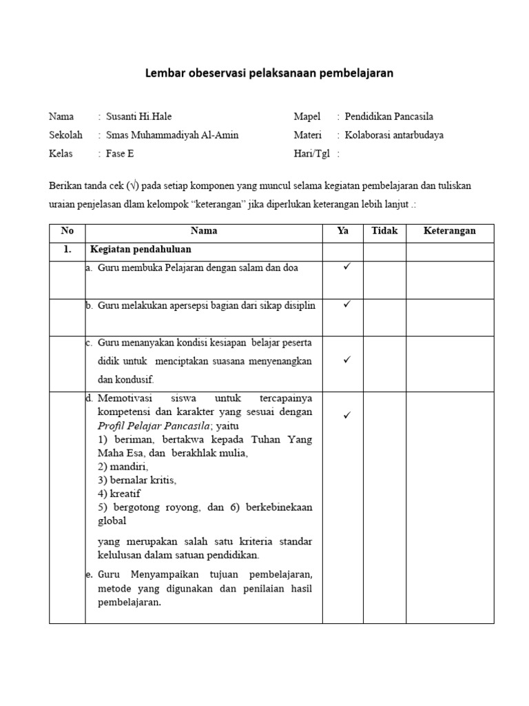 Lembar Obeservasi Cek Lis | PDF