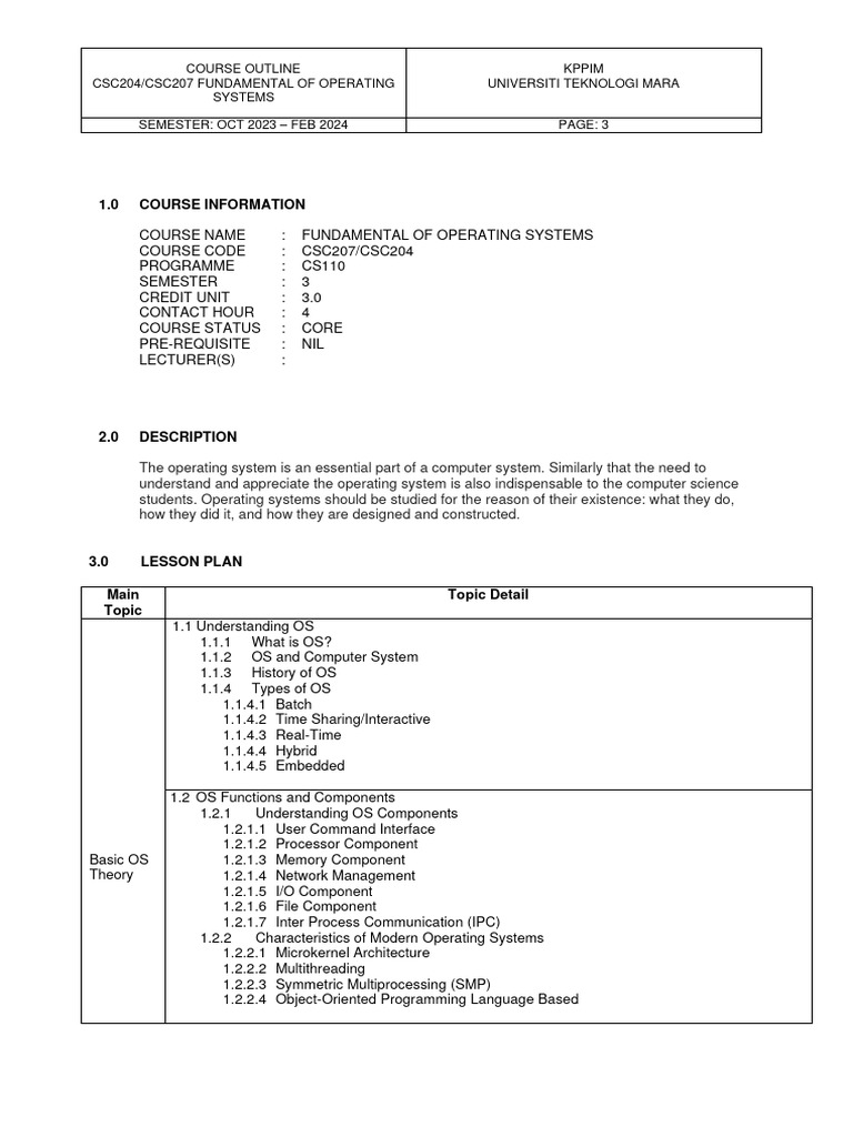 Syllabus CSC207 OKT2023-FEB2024 | PDF | Operating System | Process (Computing)