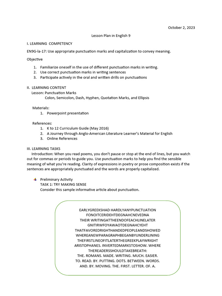 English 9 Lesson Plan: Punctuation Marks | PDF | Punctuation | Orthography