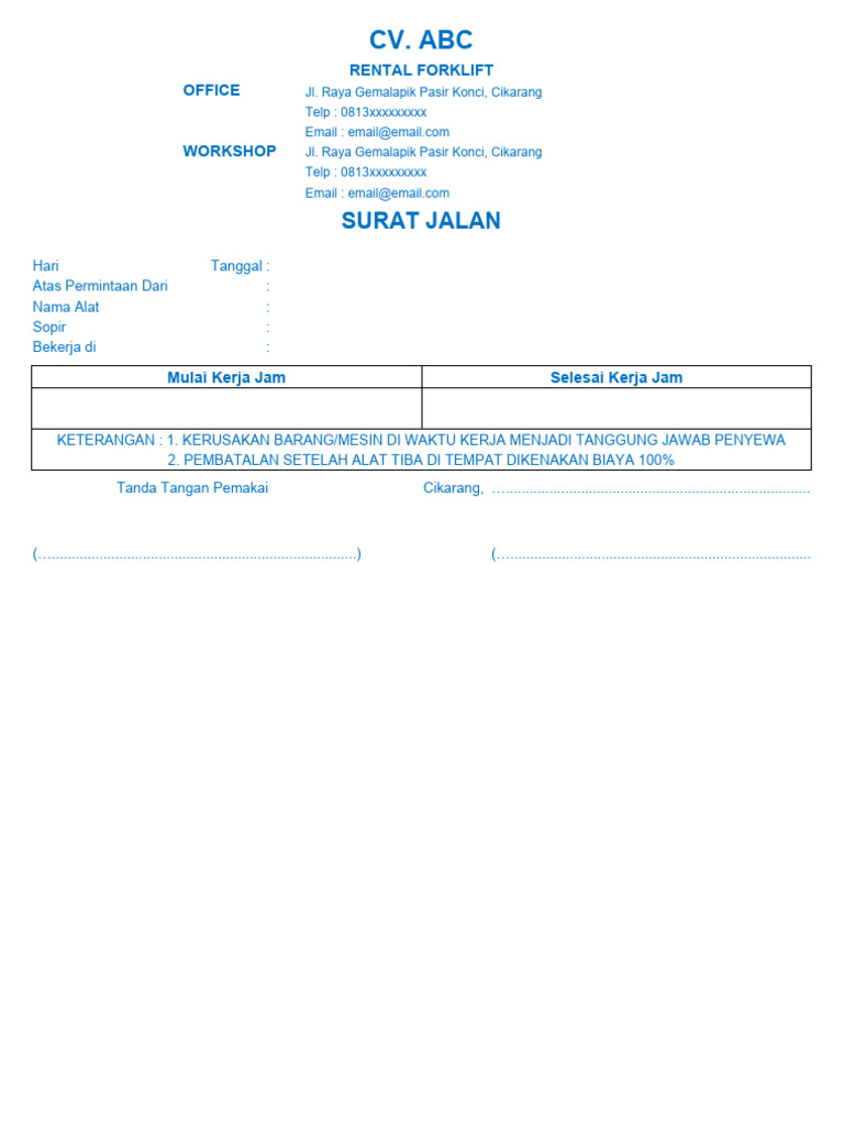 Format Nota Rental Forklift Excel | PDF