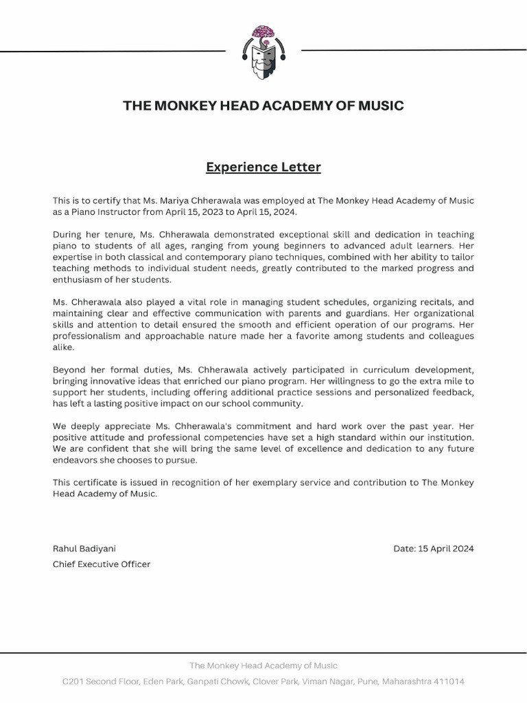 Experience Letter - Maria Chherawala | PDF