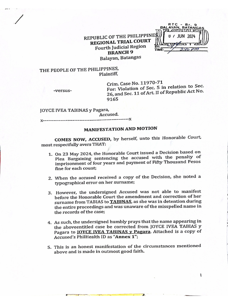 Manifestation and Motion To Correct Name - Joyce Ivea Tabinas | PDF