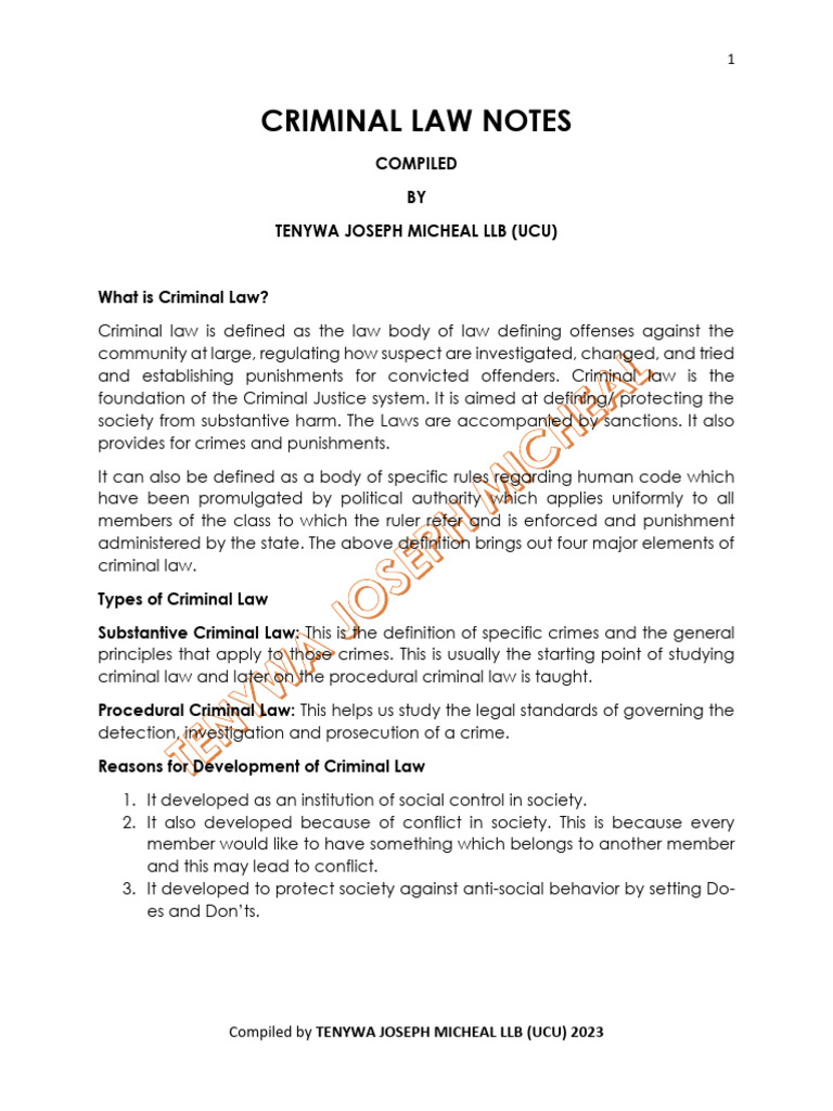 Criminal Law Notes by Tenywa Joseph Micheal | PDF | Recklessness (Law ...