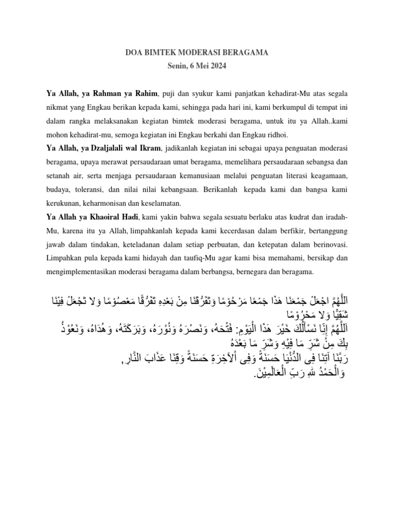 Doa Bimtek Moderasi Beragama | PDF