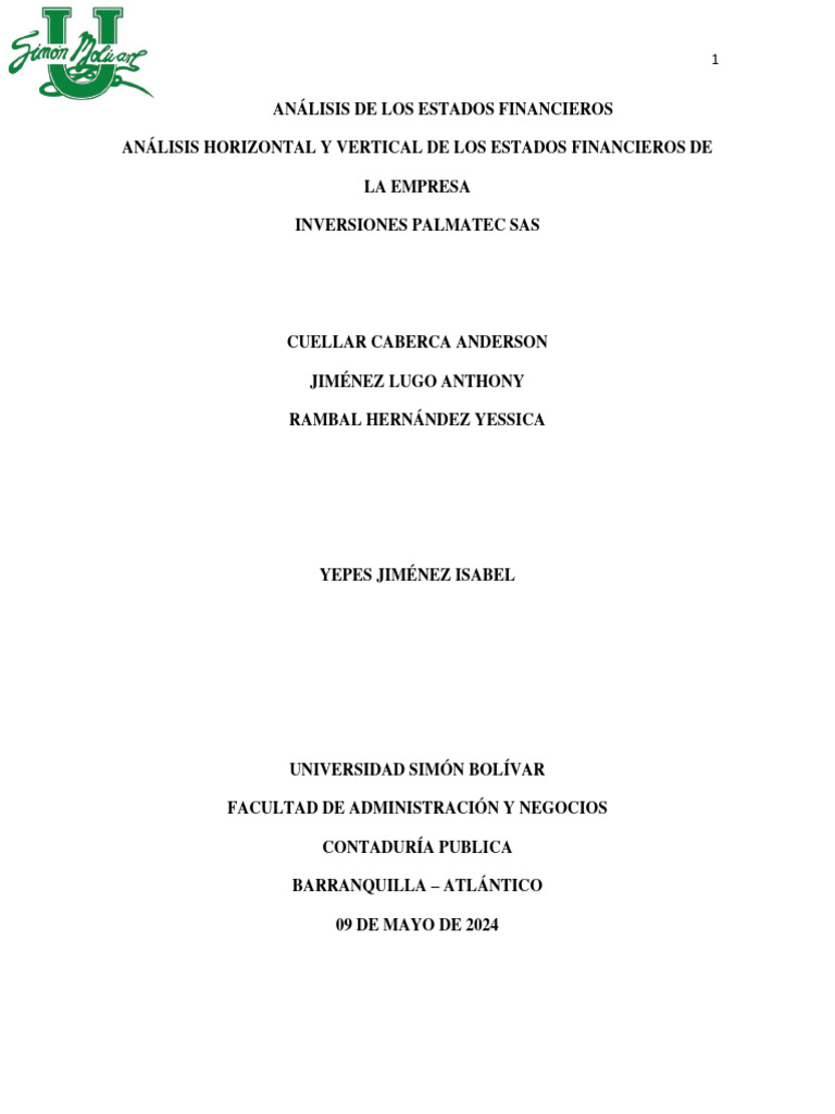 Análisis Horizontal y Vertical de Los Estados Financieros Inversiones Palmatec Sas | PDF ...
