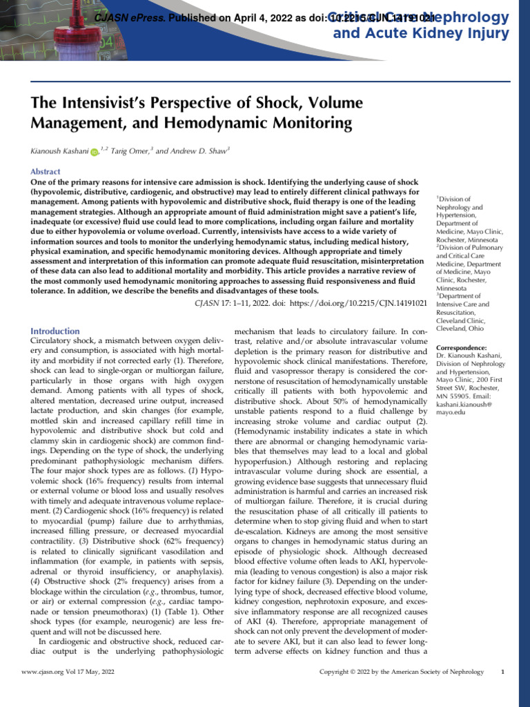 The Intensivist's Perspective of Shock, Volume Management, and ...