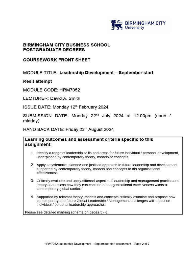 HRM7052, Coursework1, 2023-24, Resit - Tagged | PDF | Leadership | Theory