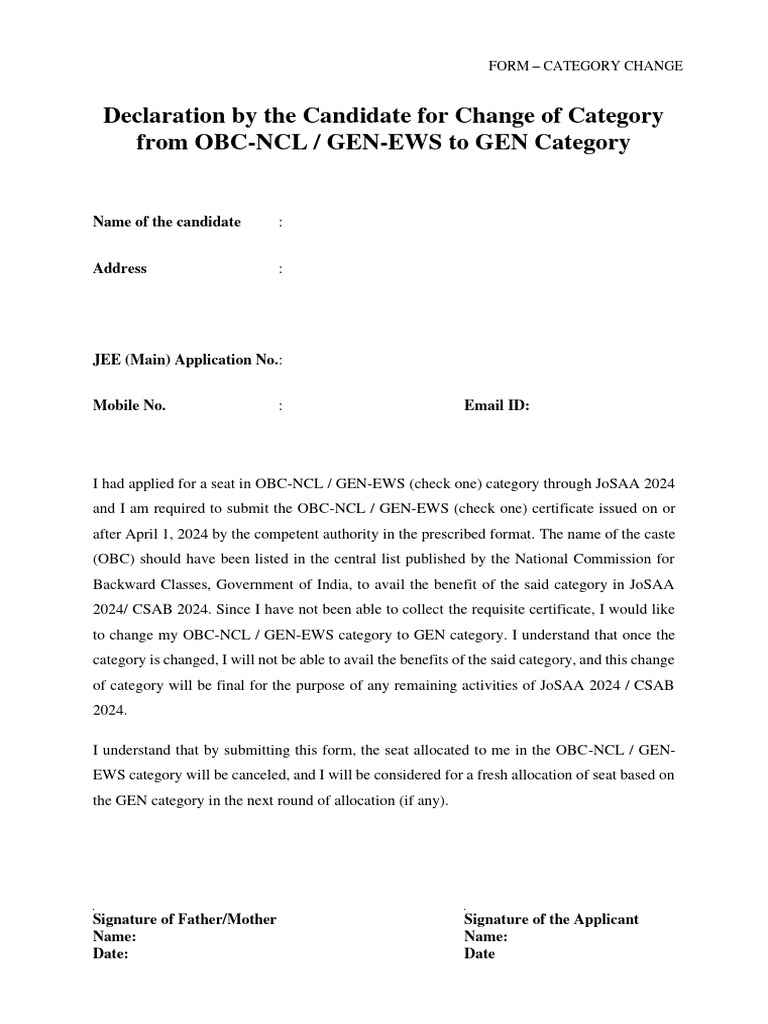 Declaration by The Candidate For Change of Category From OBC-NCL / GEN ...