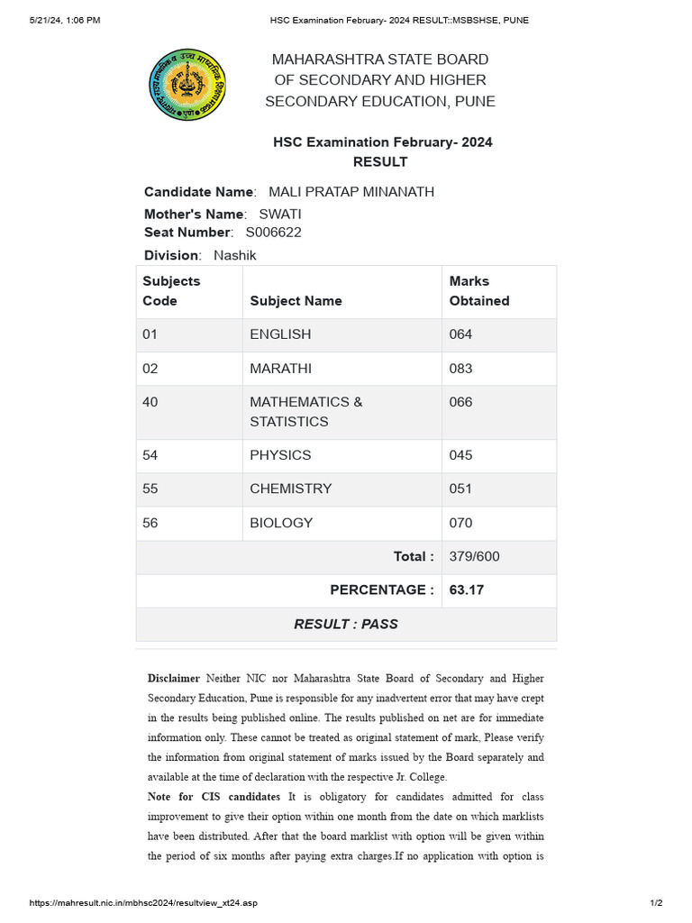 HSC Examination February- 2024 RESULT__MSBSHSE, PUNE | Download Free ...