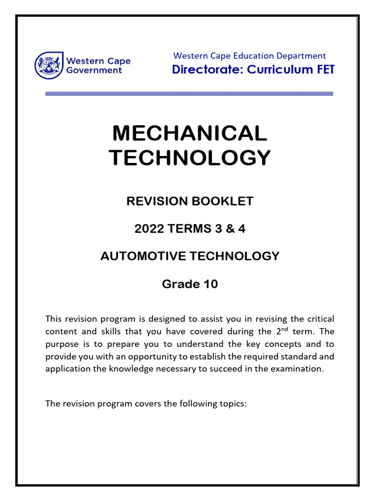 Mechanical Technology Gr10 Term 3 4 - 2022 Automotive Revision Booklet ...
