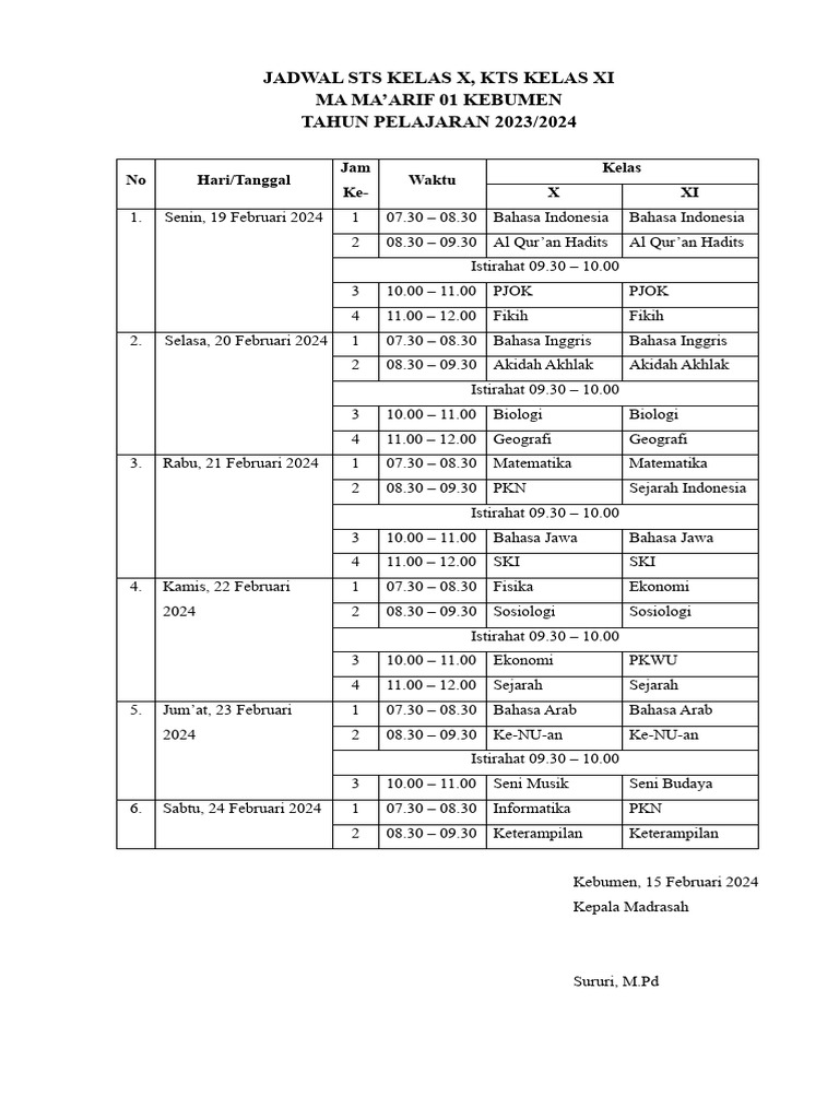 Jadwal STS Dan KTS | PDF
