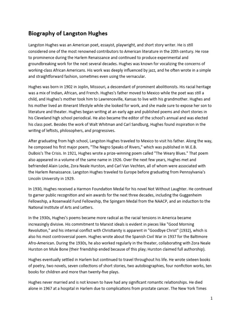 Biography of Langston Hughes | PDF