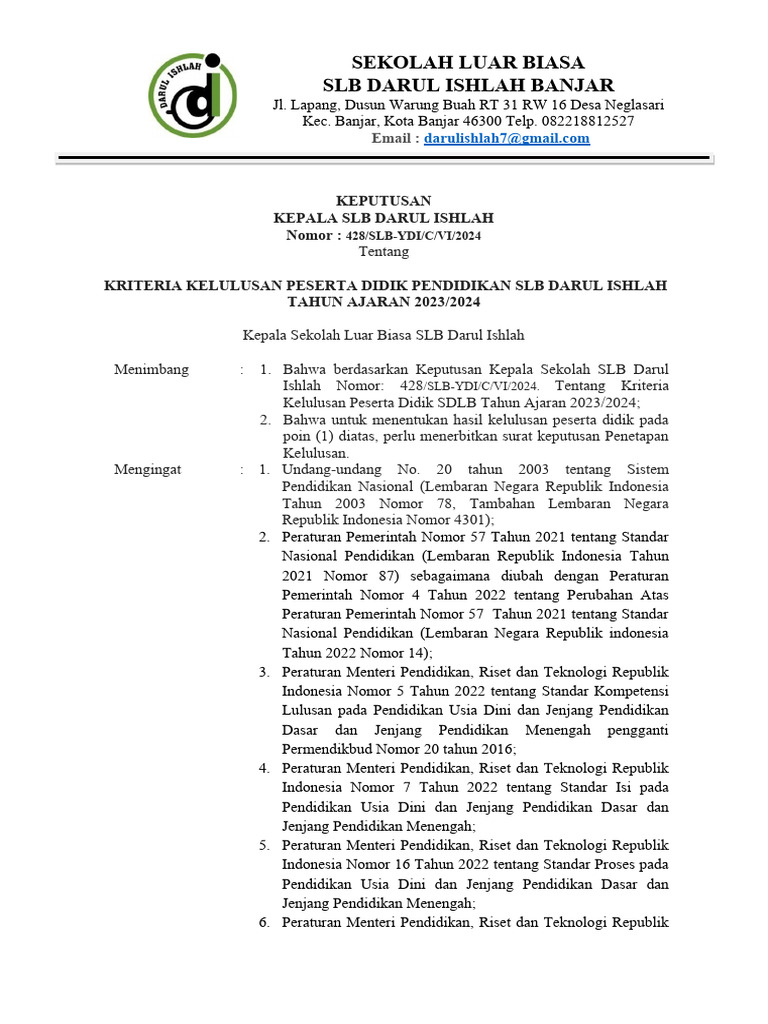 SK Kriteria Kelulusan SD Jadi 2021-2022 | PDF