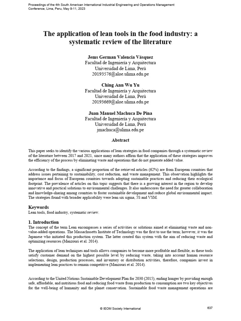 The Application of Lean Tools in The Food Industry: A Systematic Review of The Literature | PDF ...