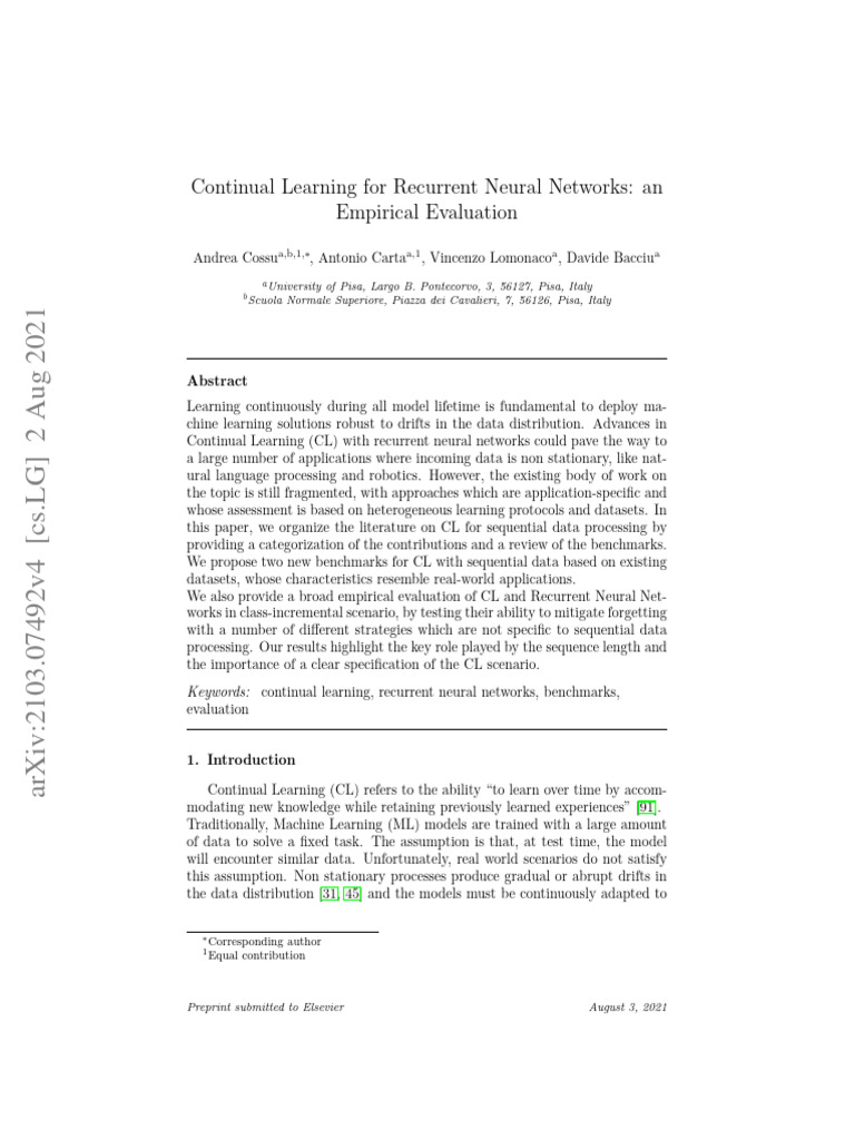 Continual Learning For Recurrent Neural Networks - An Empirical Evaluation | PDF | Artificial ...
