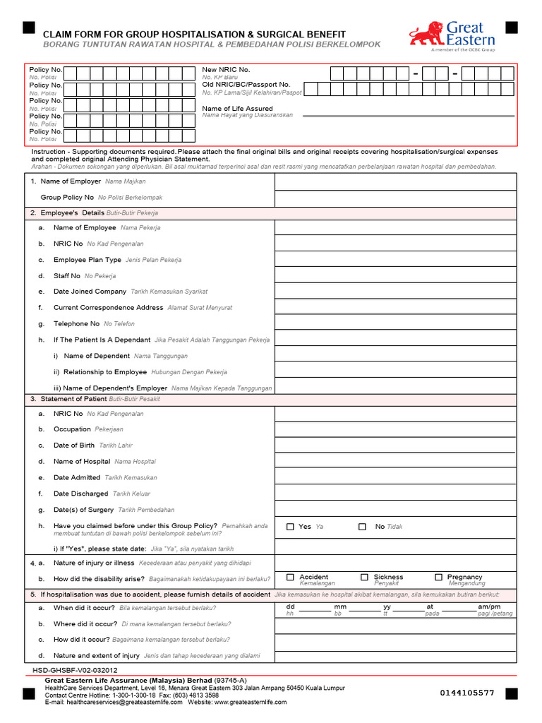 Claim Form For Group Hospitalisation and Surgical Benefit | PDF