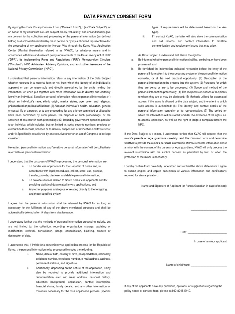 Korean Visa Data Privacy Consent Form | PDF | Information | Consent