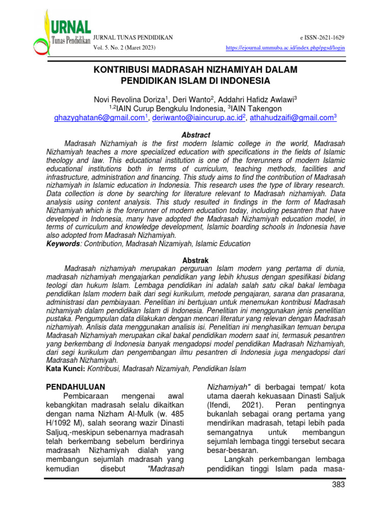Kontribusi Madrasah Nizhamiyah Dalam Pendidikan Islam Di Indonesia | PDF