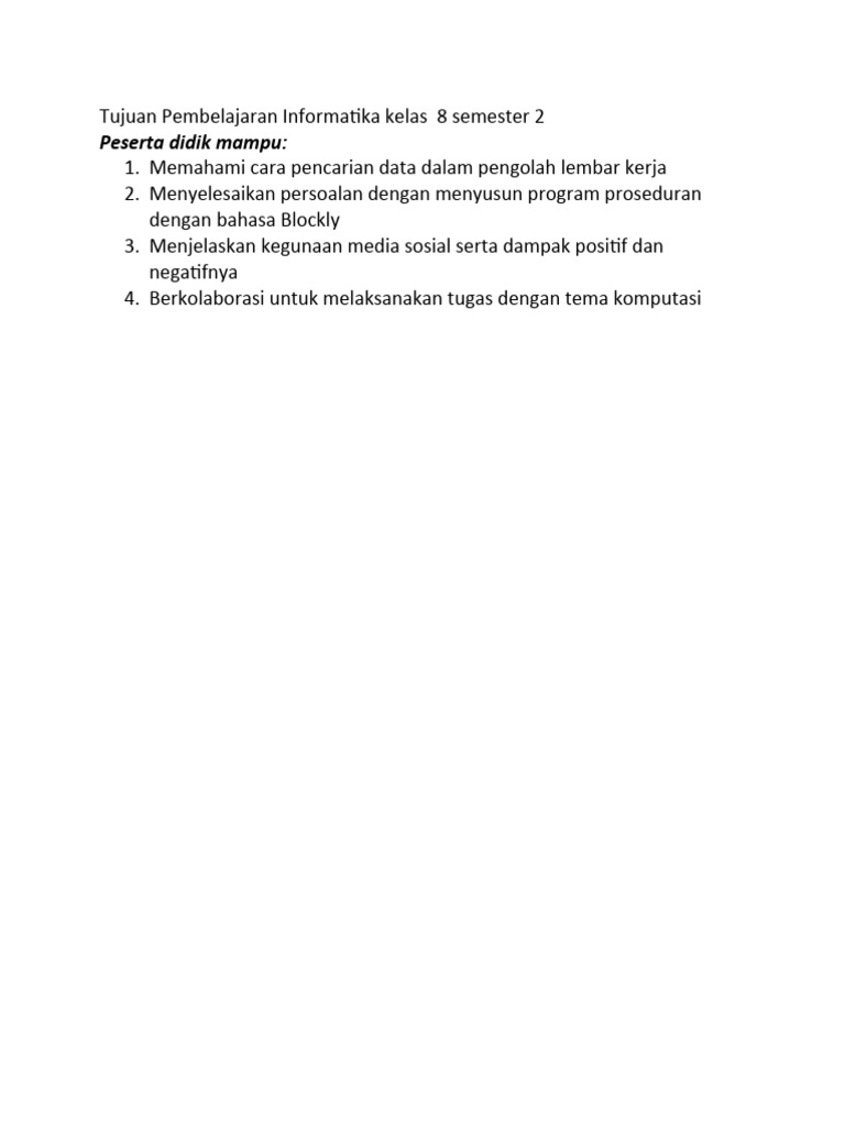 Tujuan Pembelajaran Informatika Kelas 8 Semester 2 | PDF
