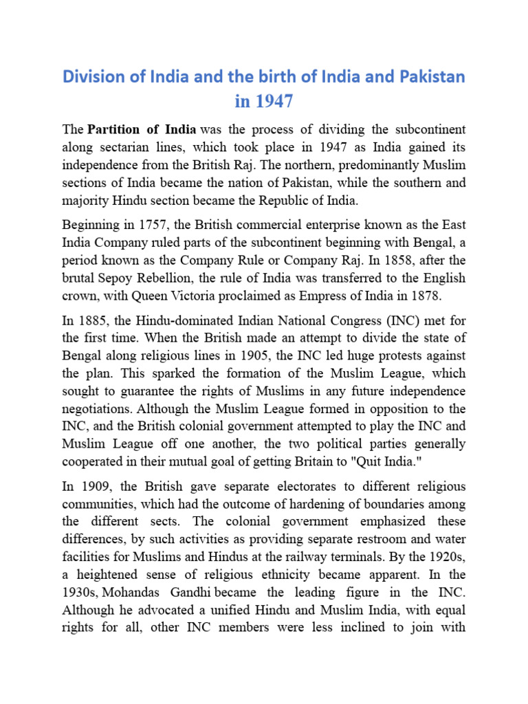 India-Pakistan Partition of 1947 Explained | PDF | British Raj | All ...