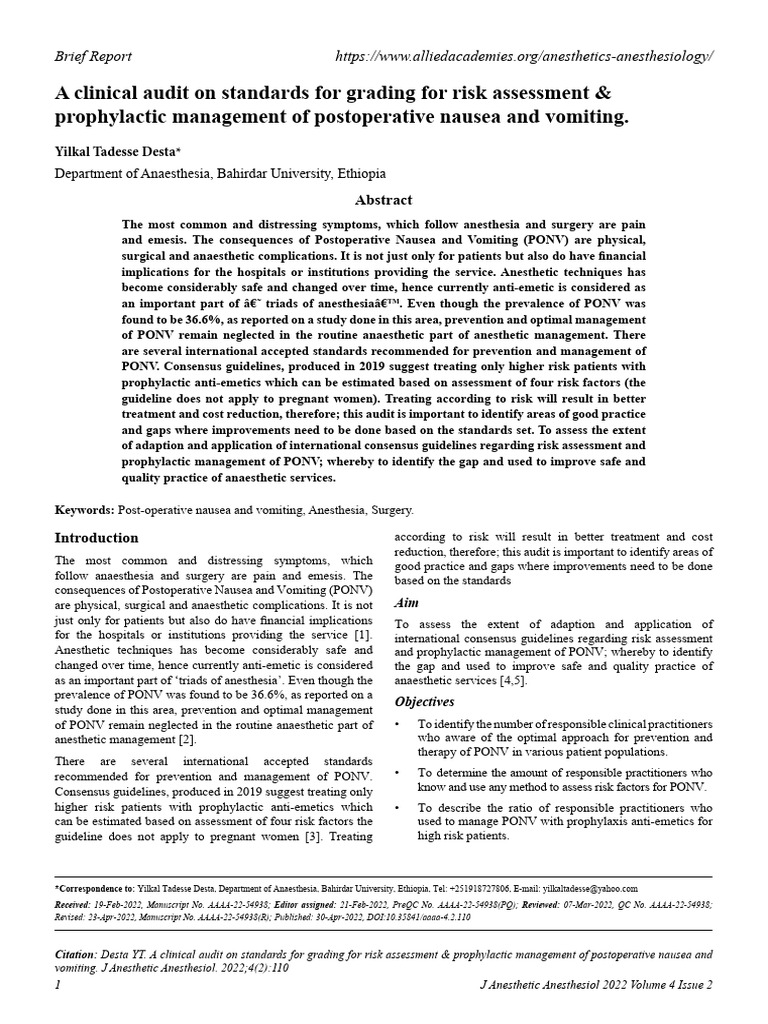 PONV Risk Assessment and Management Audit | PDF | Anesthesia | Surgery
