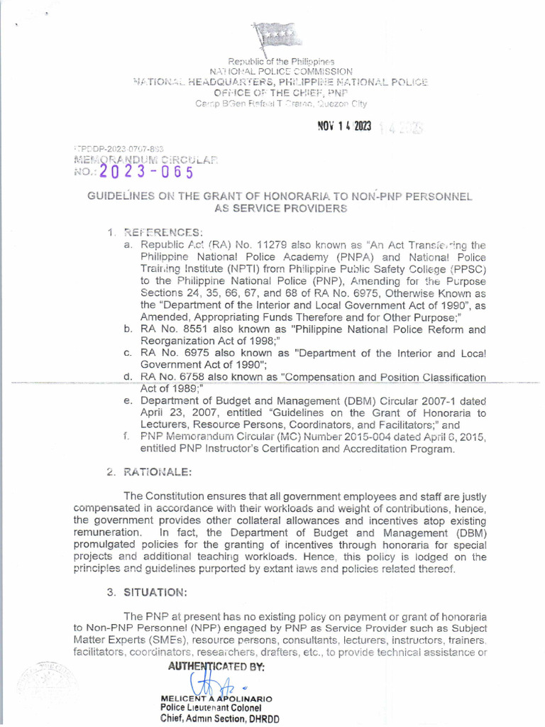 PNP MC NO 2023 065 Guidlines On The Grant of Honoraria To Non PNP Personnel As Service Providers ...