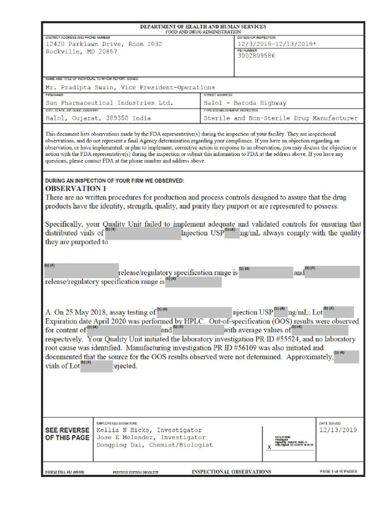 Sun Pharmaceutical Industries Halol India 12132019 483 | PDF | Food And ...