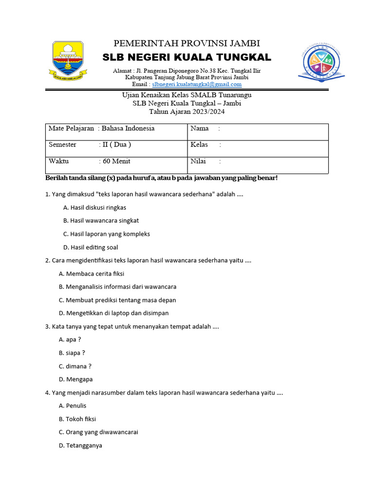 SOAL Ujian Bahasa Indonesia SMALB | PDF