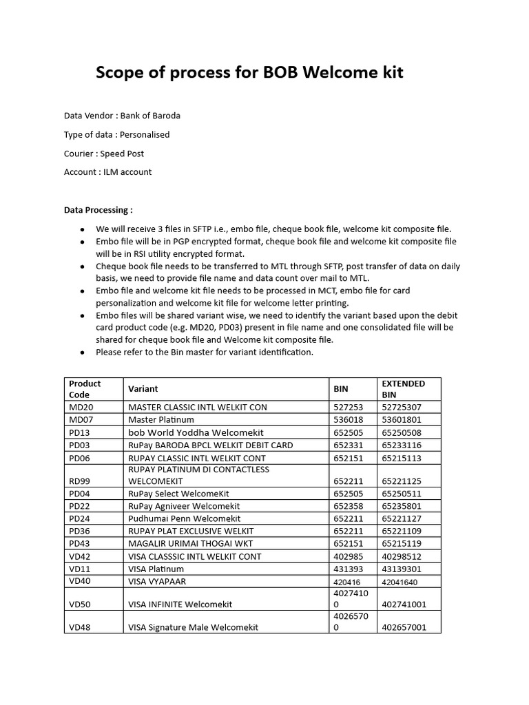 Scope of process for BOB Welcome kit | Download Free PDF | Cheque | Financial Services
