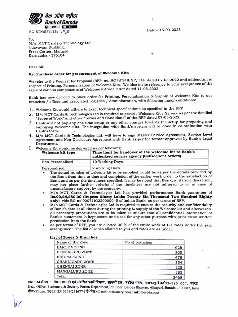 Bank of Baroda Welcome Kit Order Details | PDF | Debit Card | Cheque