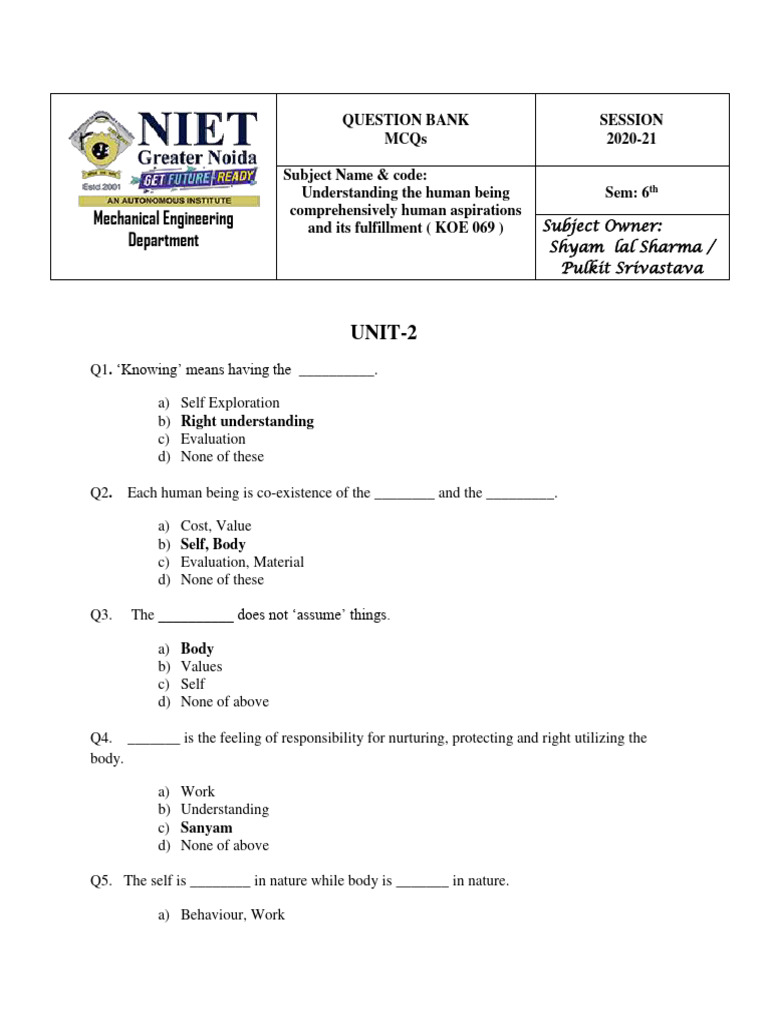 Uhv 2 Koe 069 Unit 2 Question Bank 2020 21 | PDF | Cognition | Cognitive Science