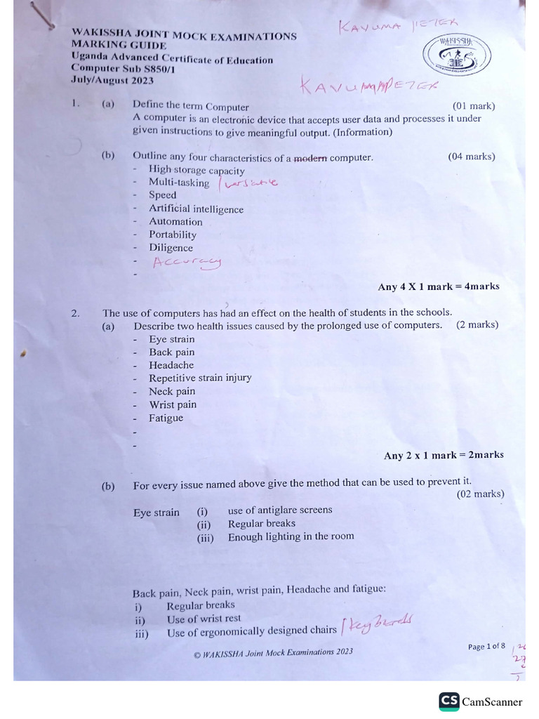 Wakissha Joint Mock Examinations 2023 Making Guide Coputerstudies S.6 | PDF