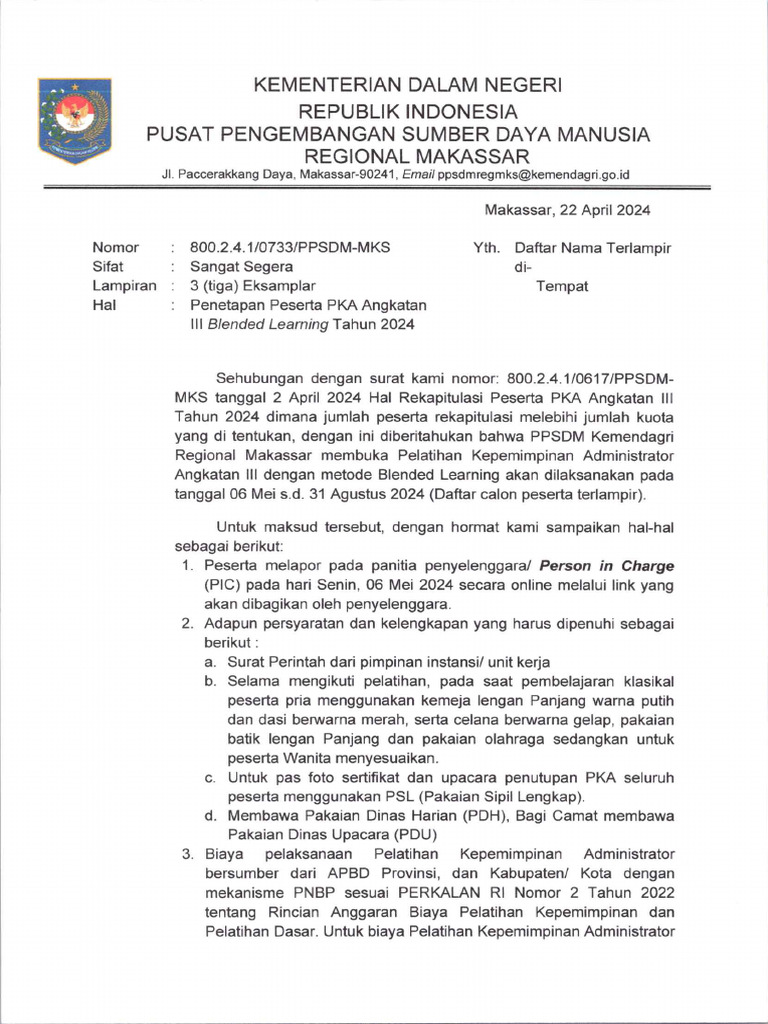 Surat Penetapan Peserta PKA III. | PDF