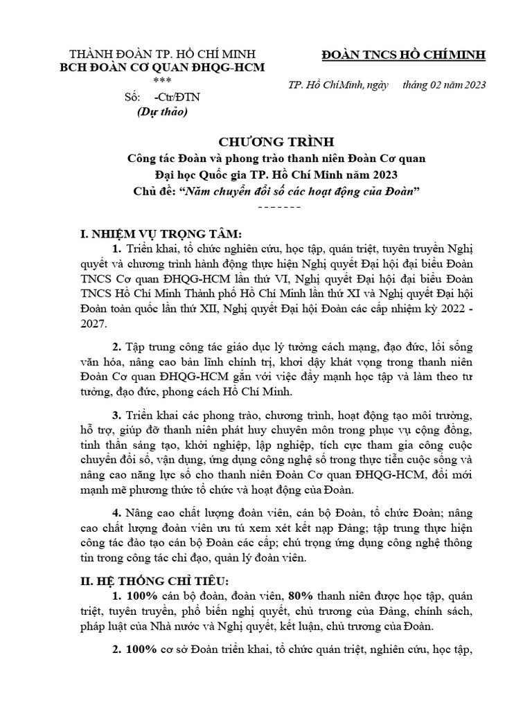 Du Thao - Ctrinh Cong Tac Doan Nam 2023 - Doan Co Quan DHQG-HCM | PDF