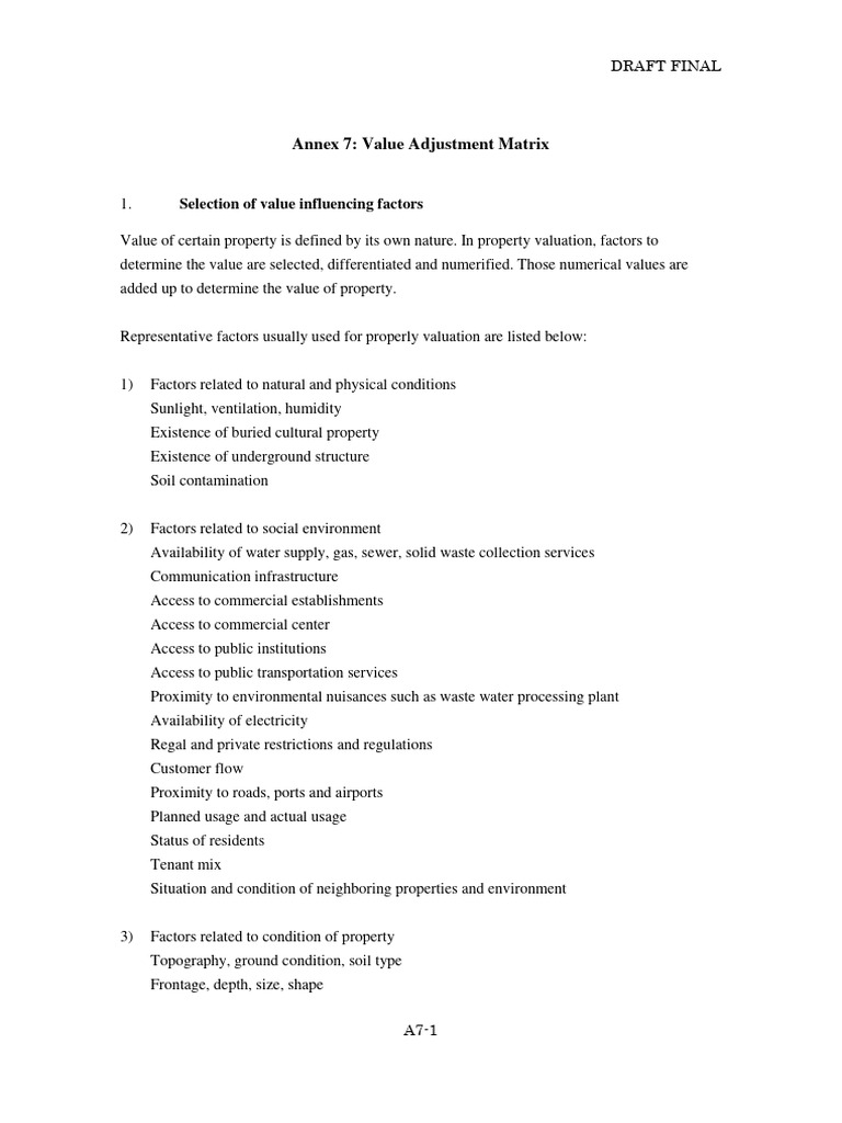 Annex 7 Value Adjustment Matrix - DF | PDF | Road | Real Estate Appraisal