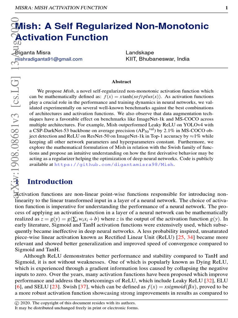 Mish Activation | PDF | Artificial Neural Network | Computational ... Mish Activation | PDF | Artificial Neural Network | Computational ...